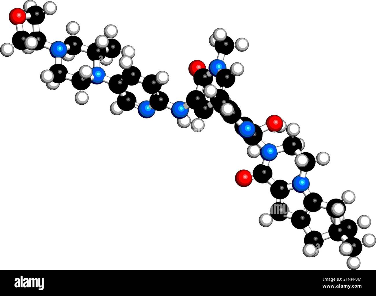 Fenebrutinib drug molecule. 3D rendering. Atoms are represented as ...