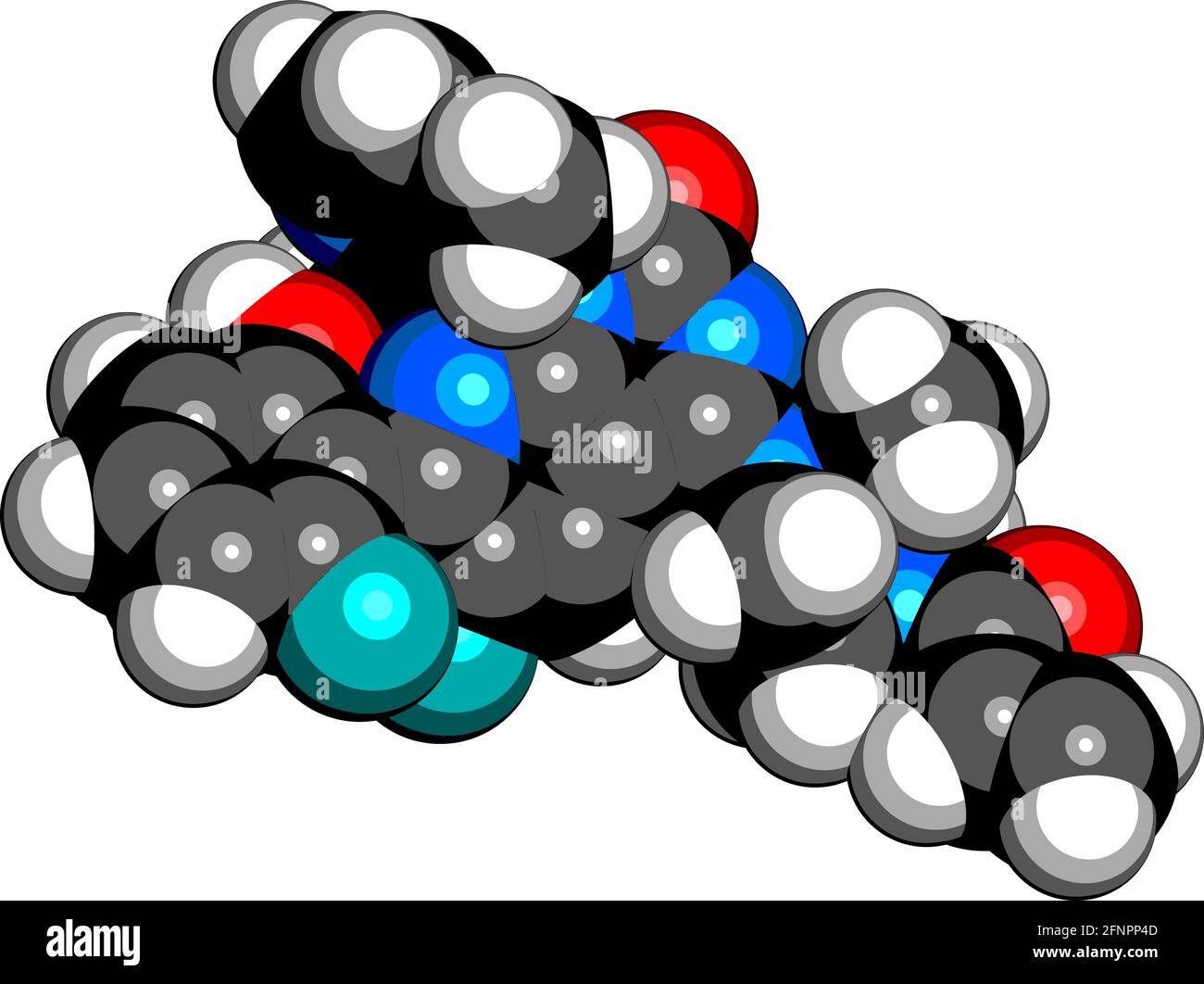 Sotorasib cancer drug molecule. 3D rendering. Atoms are represented as ...
