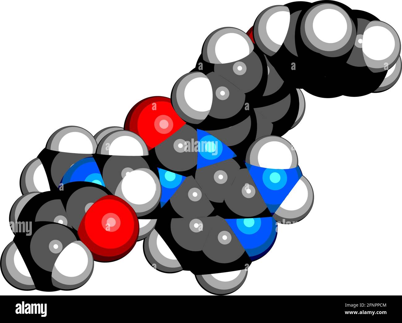 Tolebrutinib multiple sclerosis drug molecule. 3D rendering. Atoms are ...