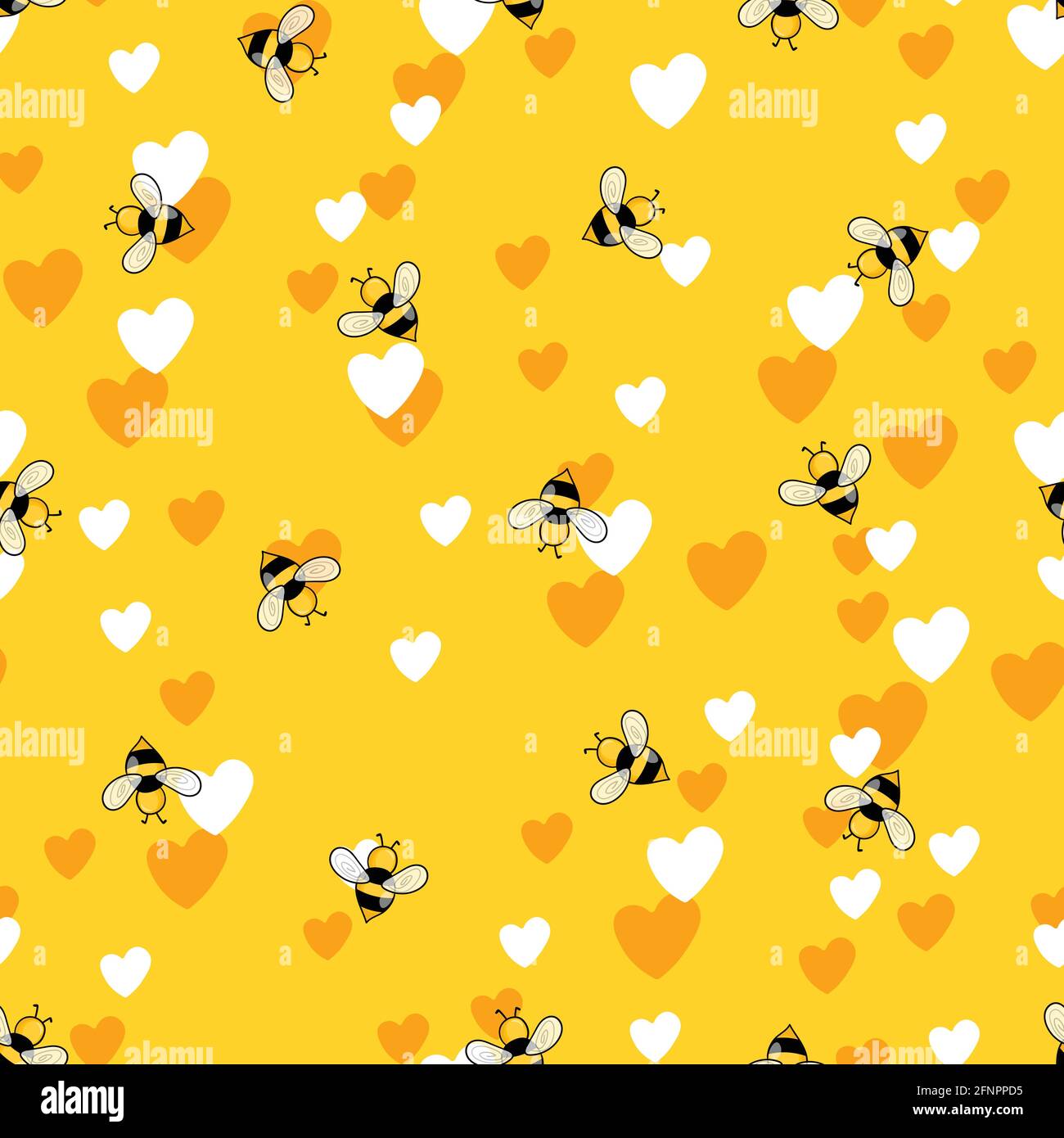 Seamless pattern with bees and hearts on color background. Small wasp ...