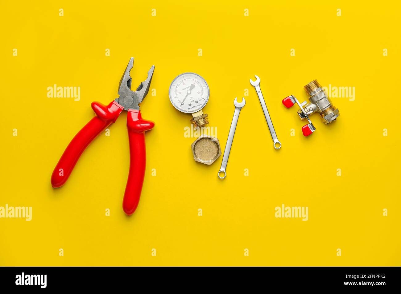 Set of plumber's items on color background Stock Photo - Alamy