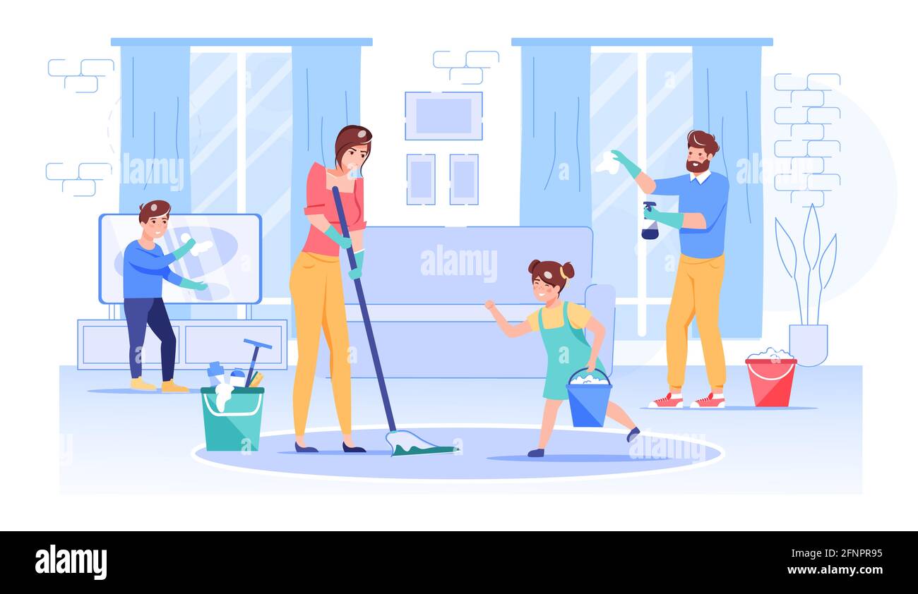 Flat cartoon family characters cleaning house,vector illustration ...