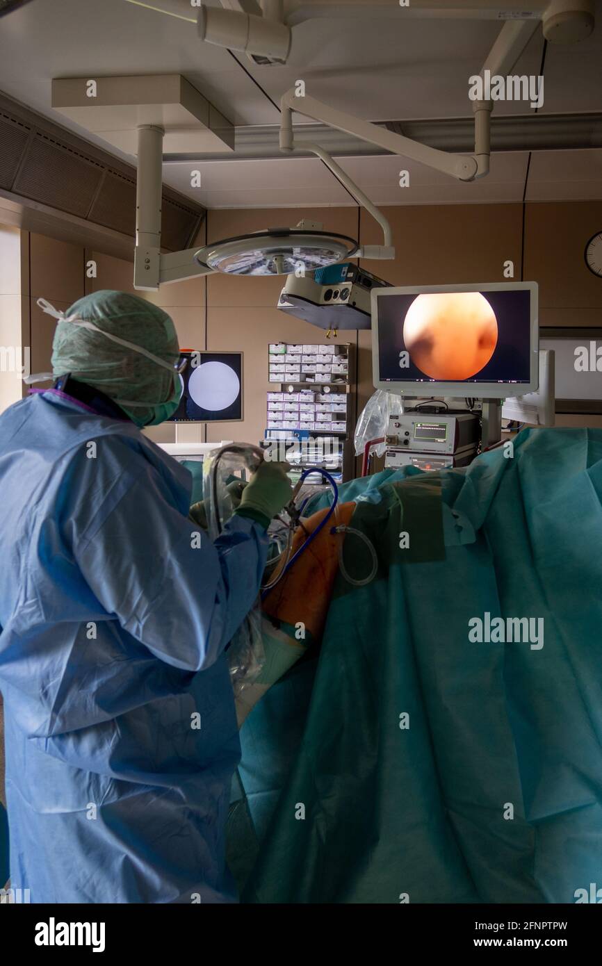 doctor performs a surgical knee endoscopy in an operating room Stock ...