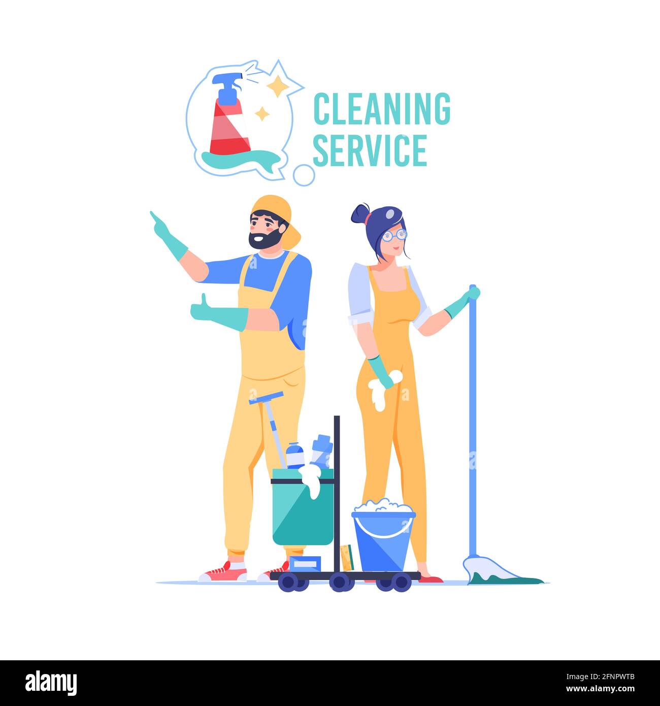 Flat cartoon cleaning service employee characters,vector illustration ...