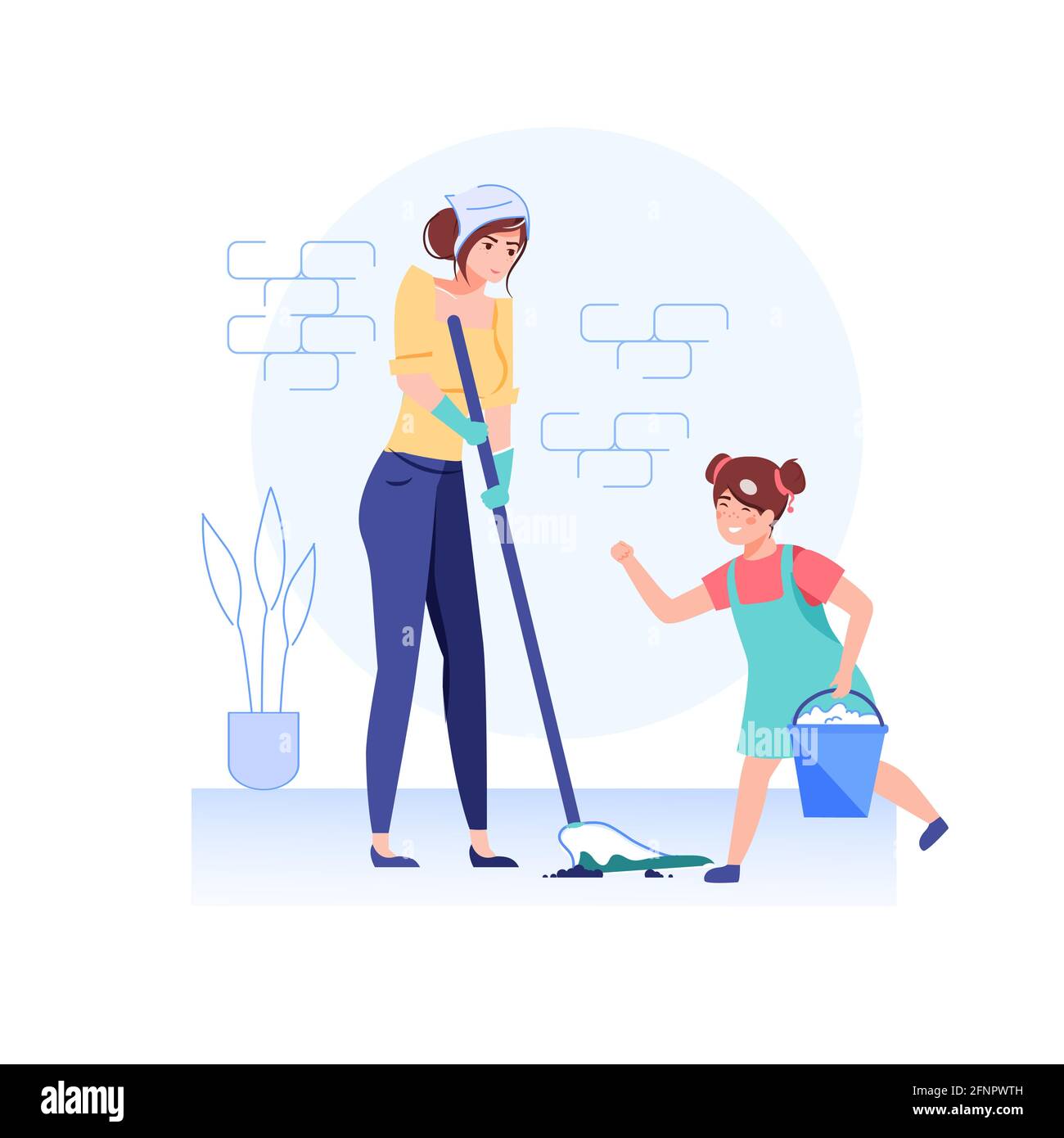 Flat cartoon family characters cleaning house,vector illustration ...