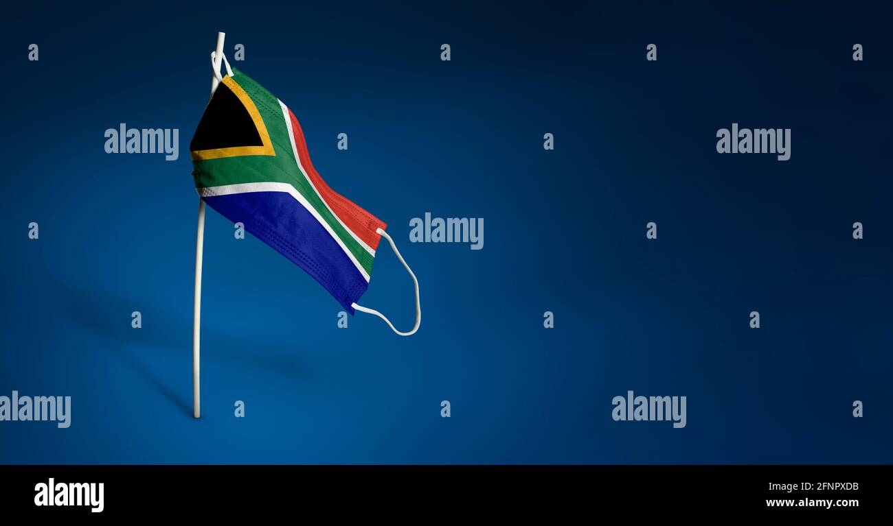 South Africa mask on dark blue background. Waving flag of South Africa ...