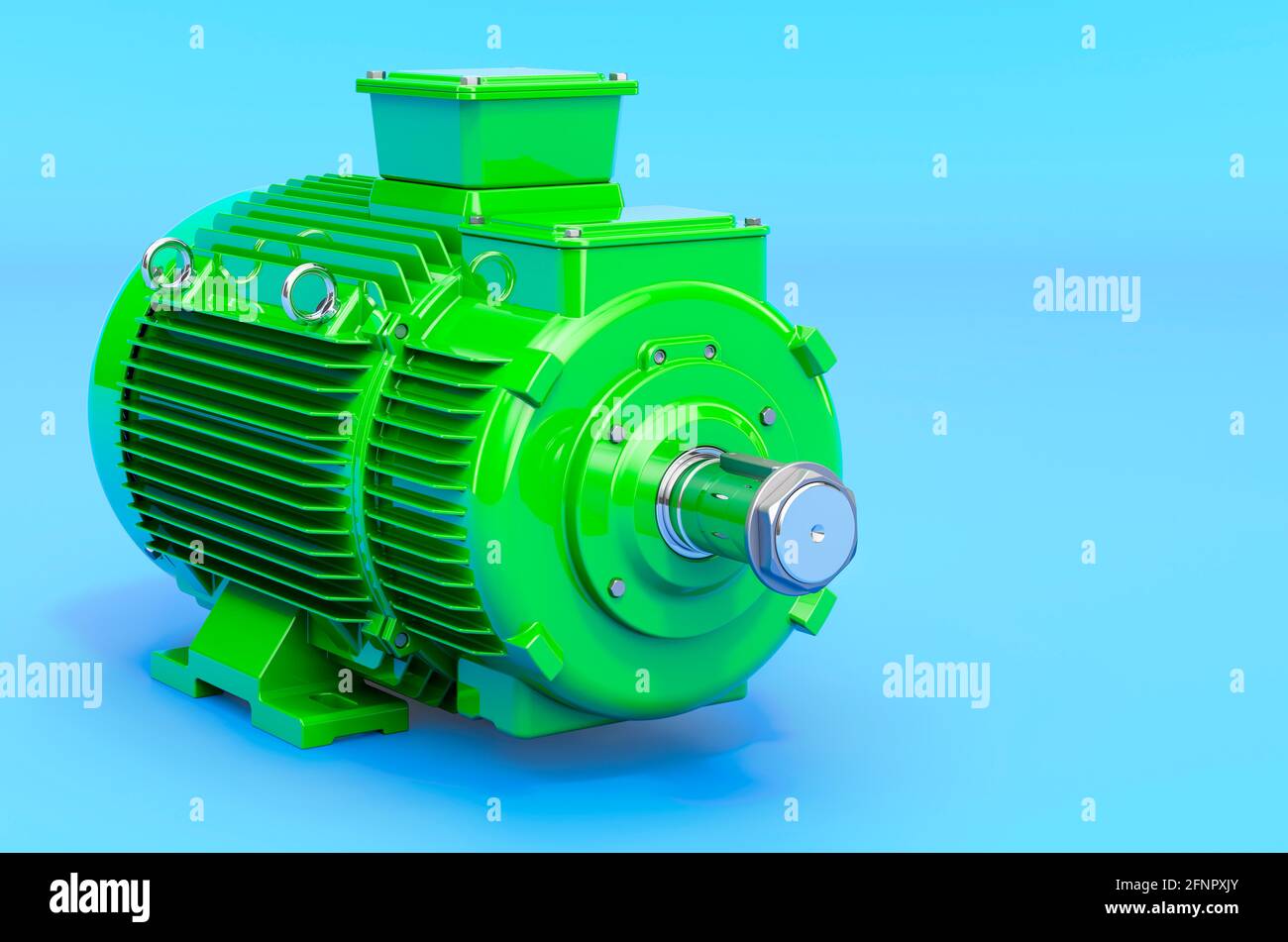 Green industrial electric motor, 3D rendering on blue background Stock ...