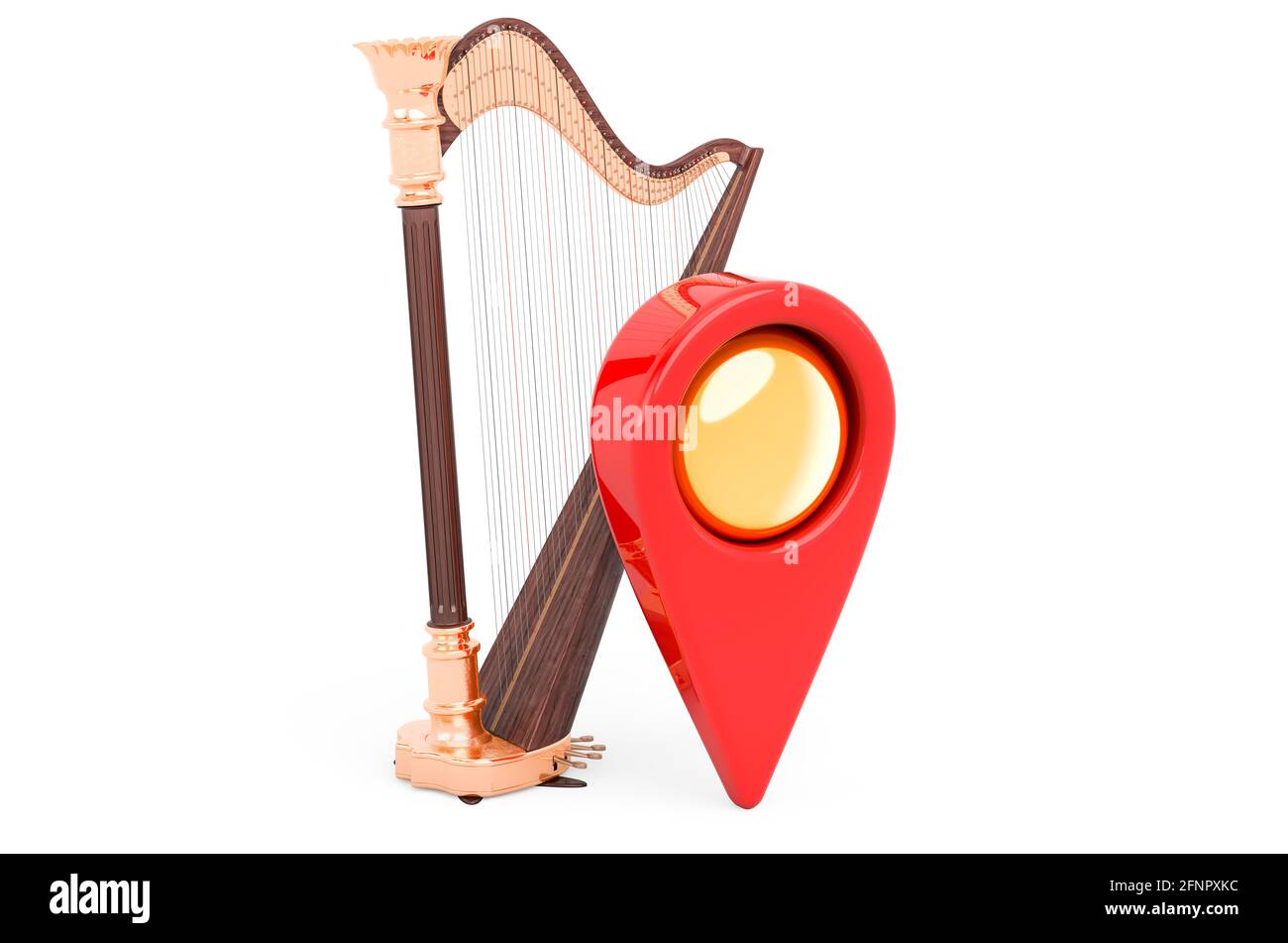 Map pointer with harp, 3D rendering isolated on white background Stock ...