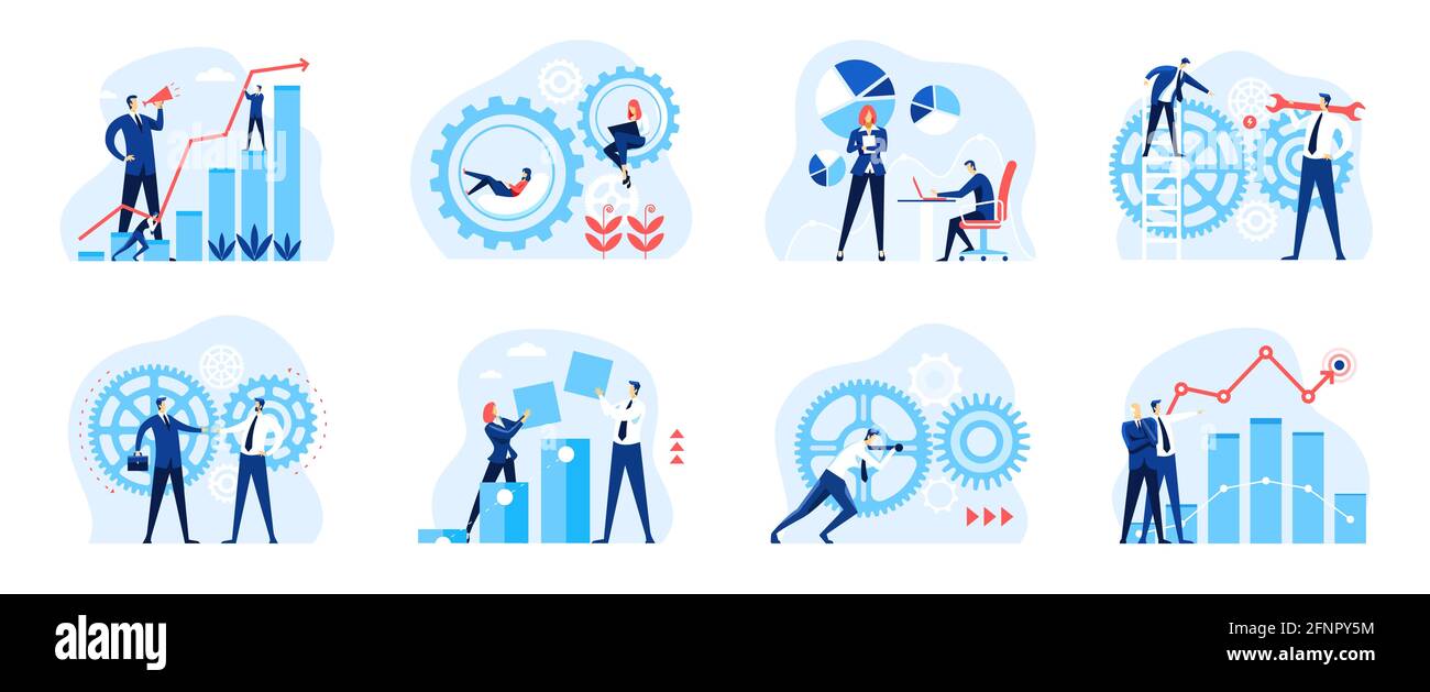 Business analysis. People with gears, diagrams, pie charts. Business ...