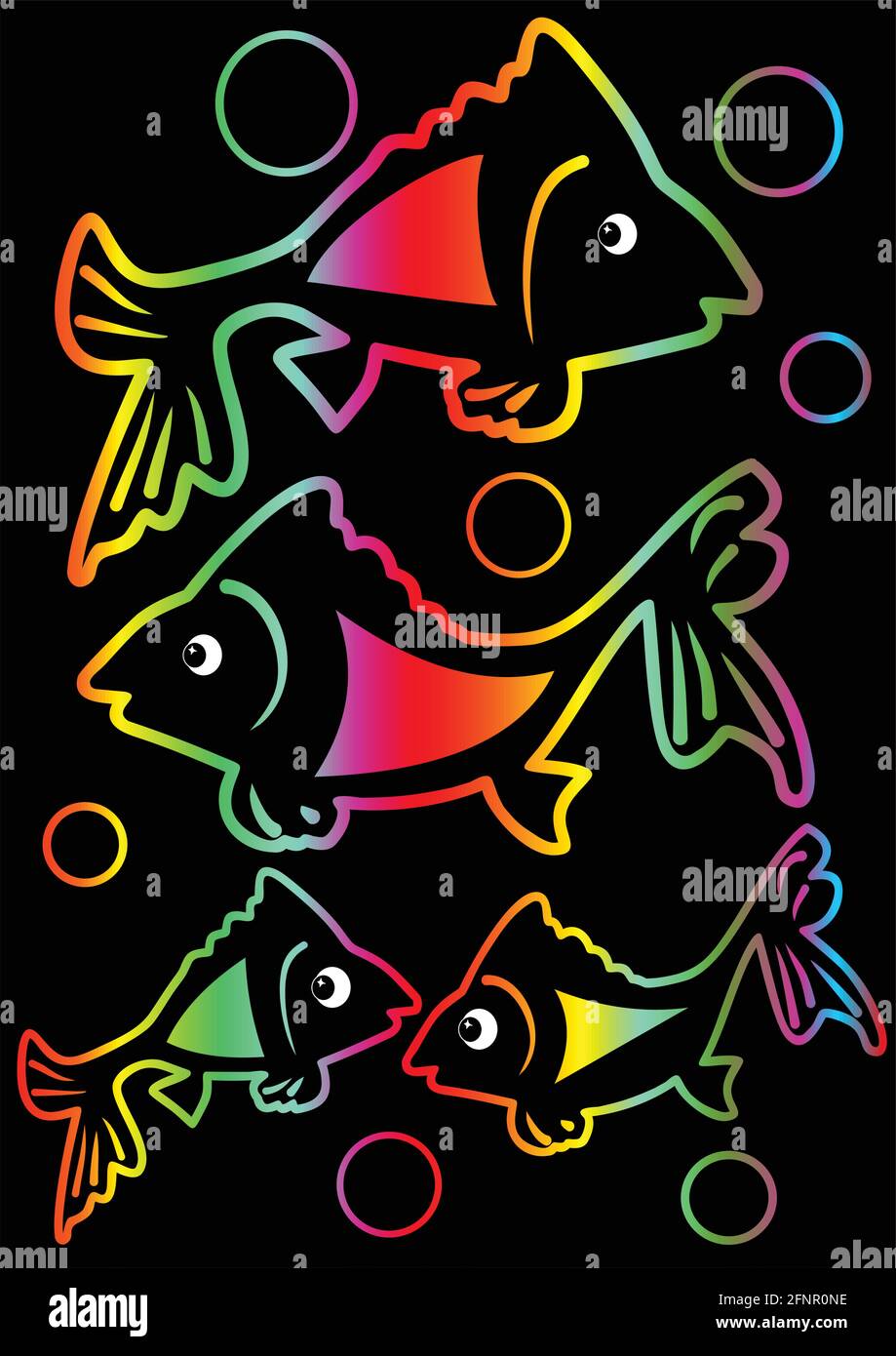 Cheerful rainbow neon tricksy fishes on black background Stock Vector ...
