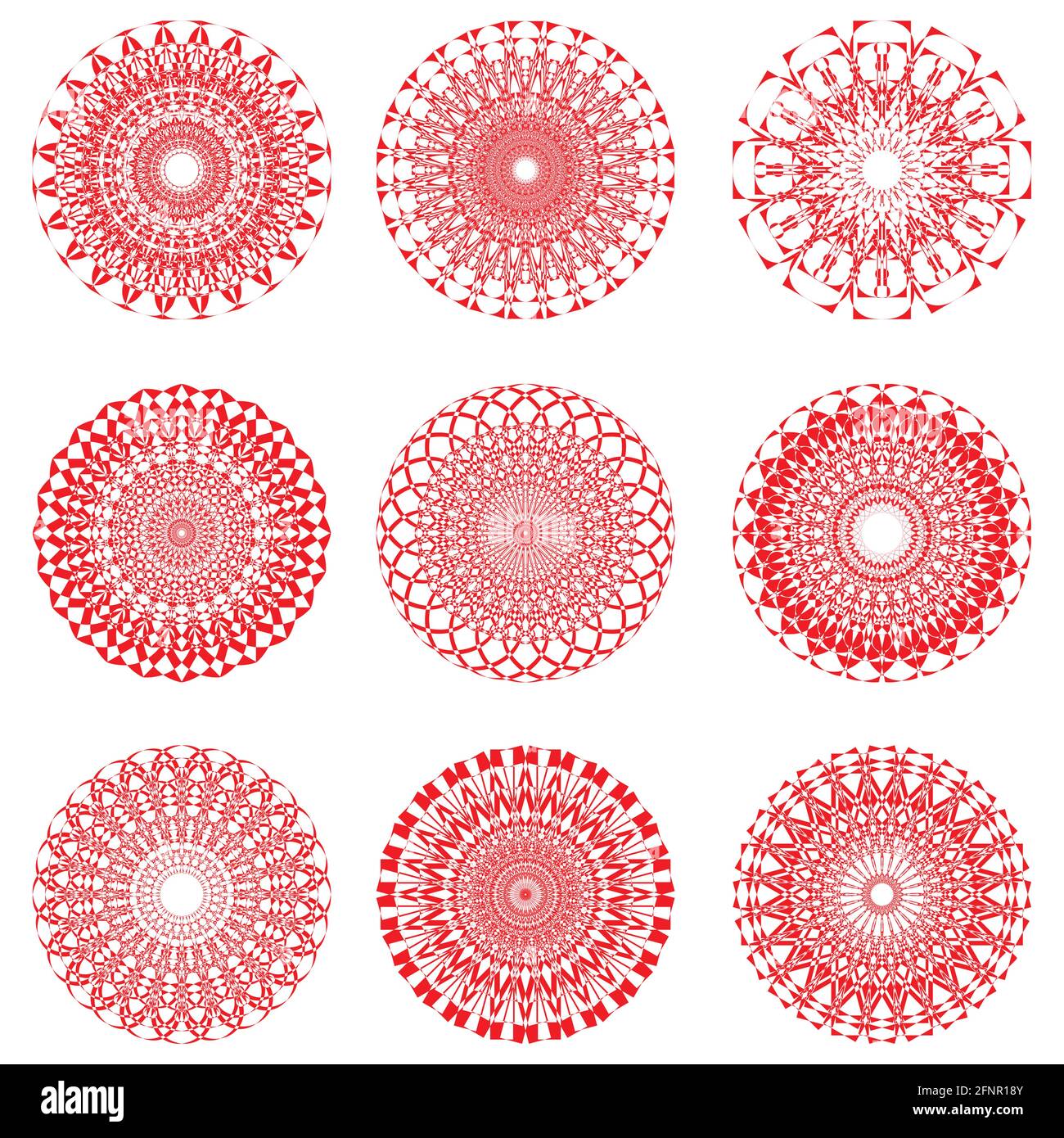 A set of red symmetric circle folklore patterns in filigree lace design ...