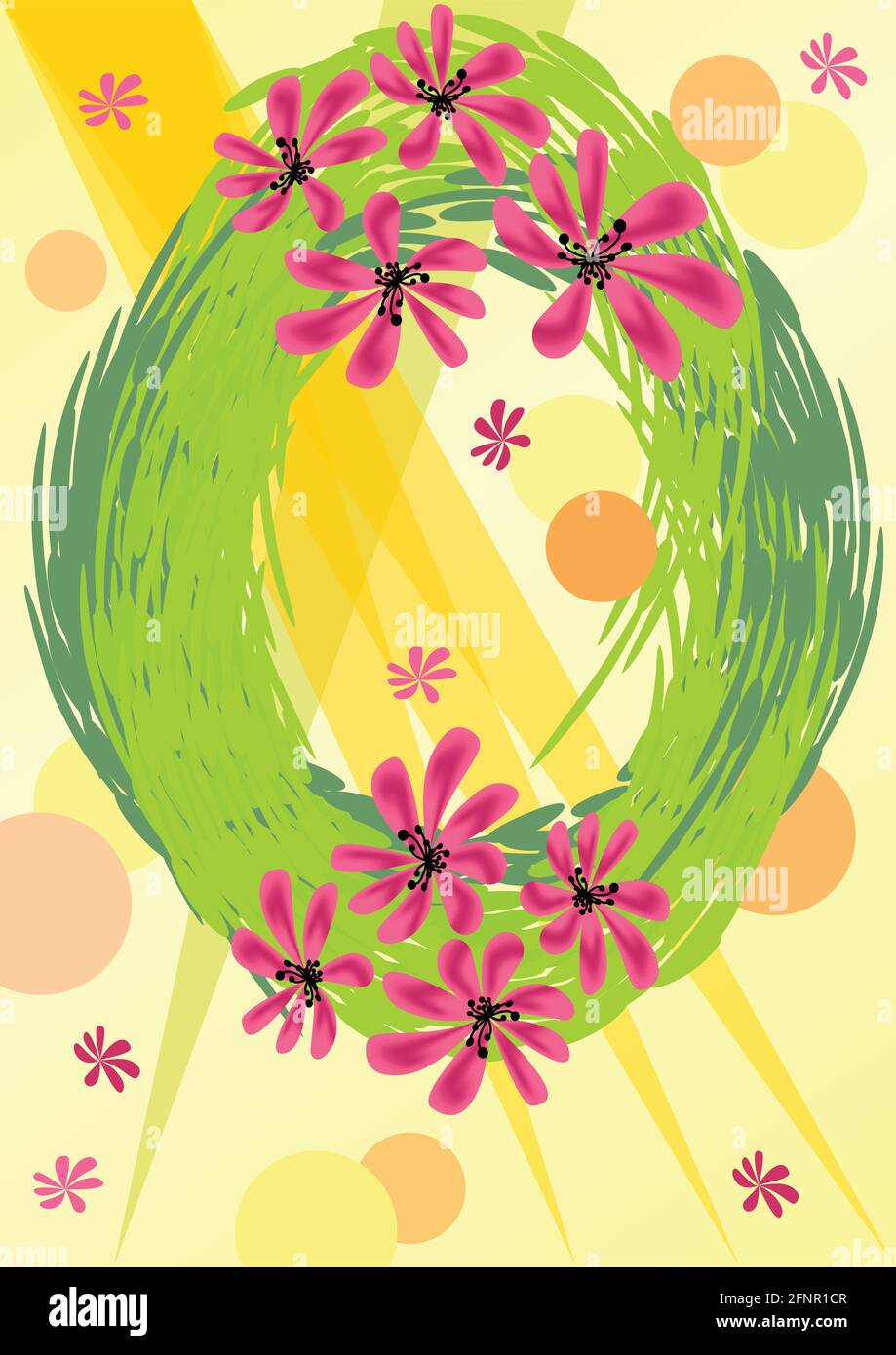 Background to welcome spring with green wreath and flowers in bright ...