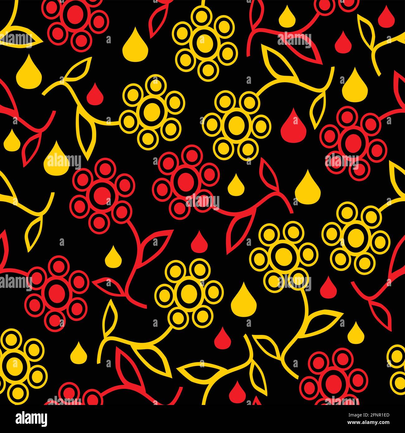 Seamless dark background tile with floral and drop motif in red and ...