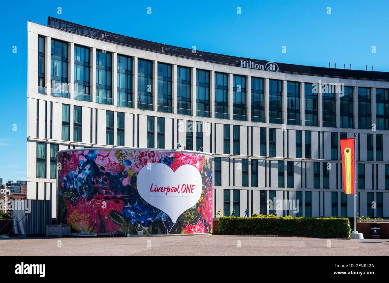 Liverpool ONE love heart sign with Hilton Hotel in Liverpool, UK Stock ...