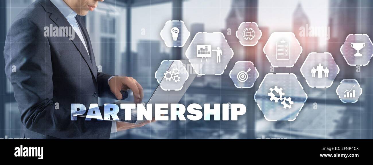 Business partnership and success concept. Businessman presses finger ...