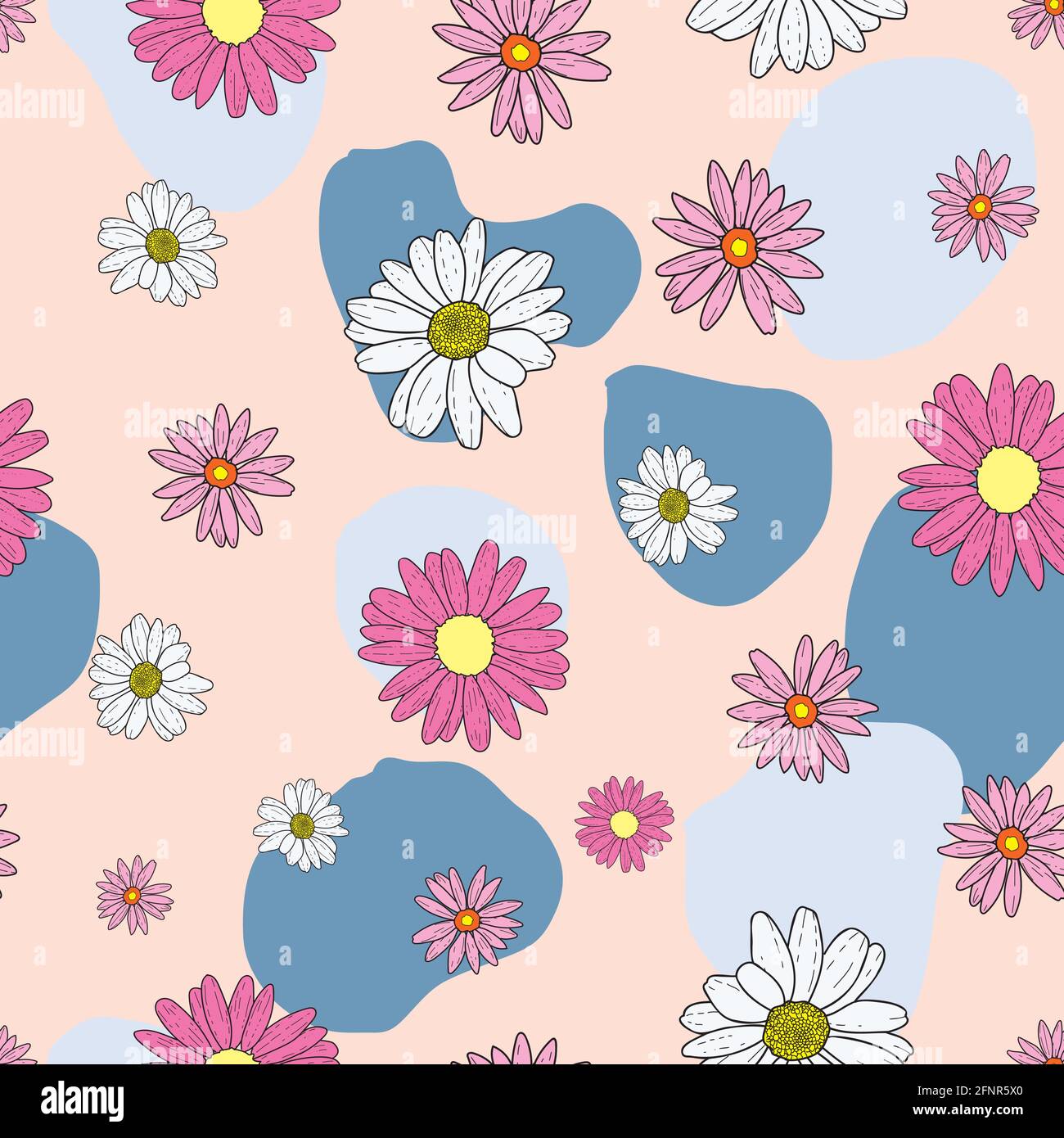 Vector pastel pink beige background pink daisy flowers and wild flowers ...