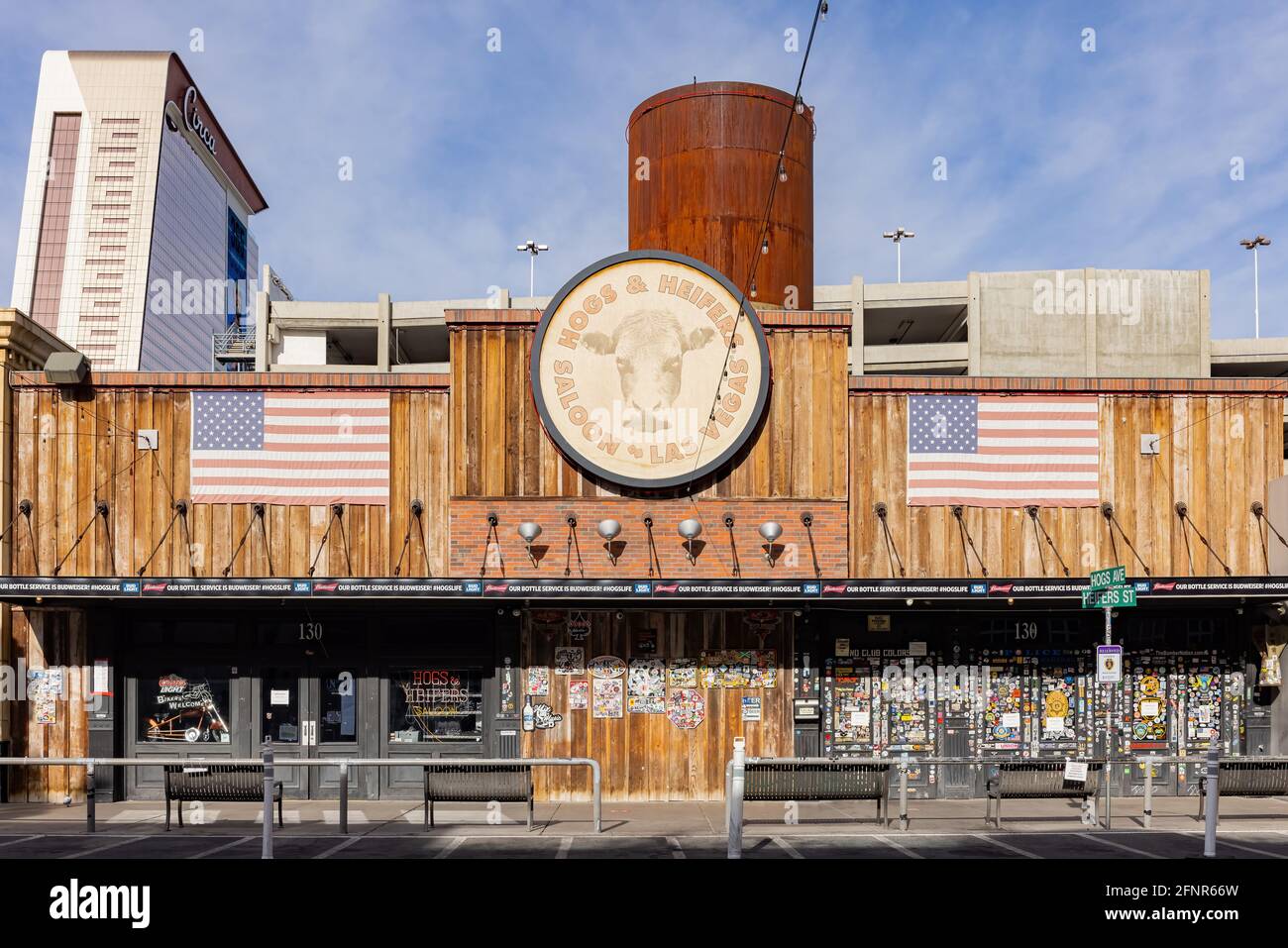 Las Vegas, FEB 15, 2021 - Sunny exterior view of the Hogs and Heifers ...