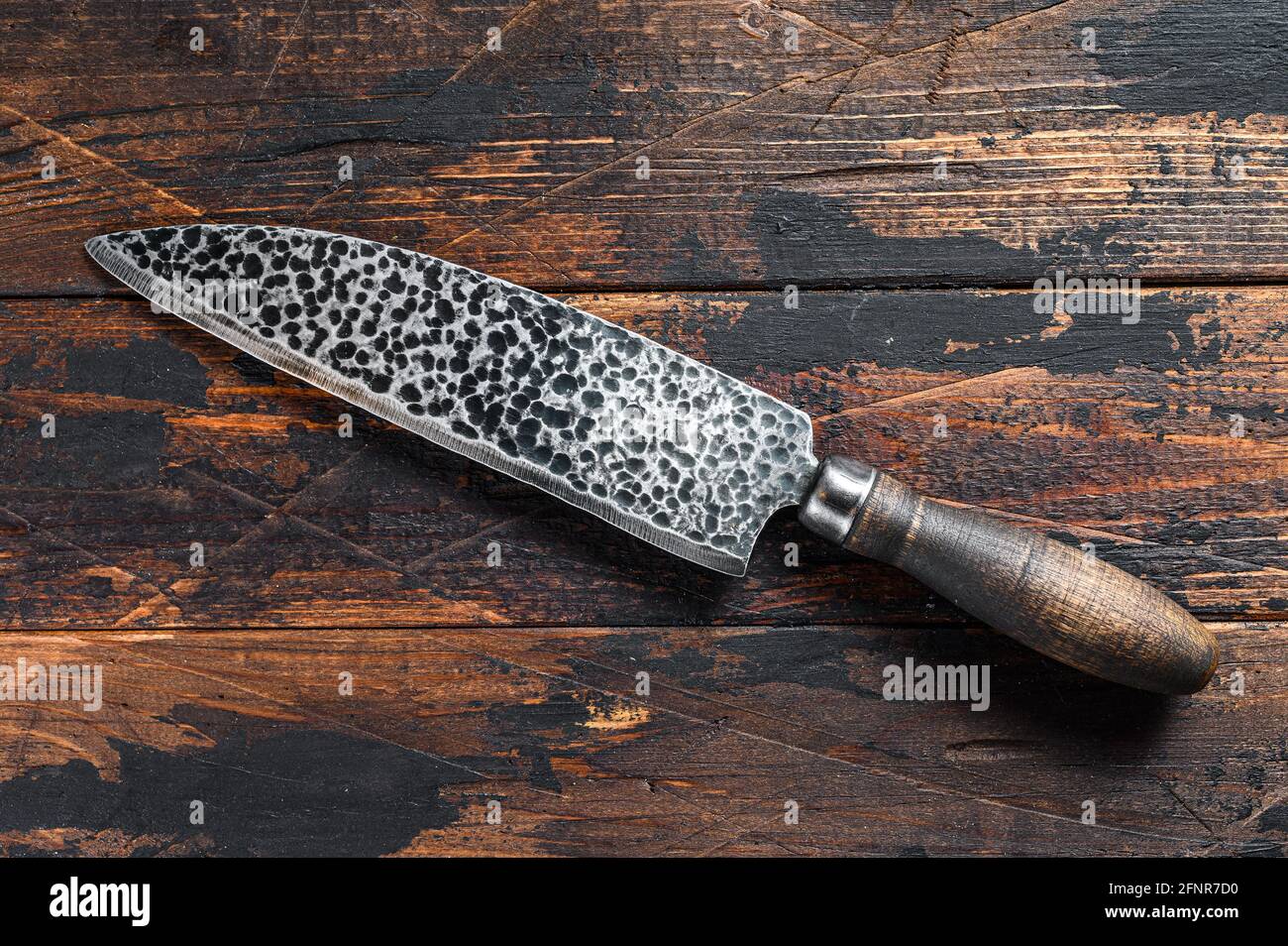 Vintage butcher meat knife. Dark wooden background. Top view Stock ...