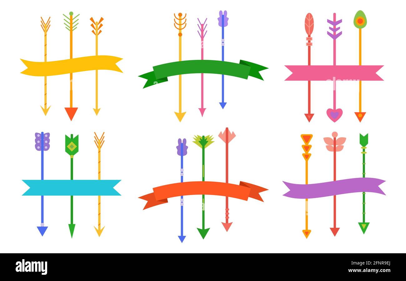 Arrow bow with ribbon colored vector flat set for postcards, stickers ...