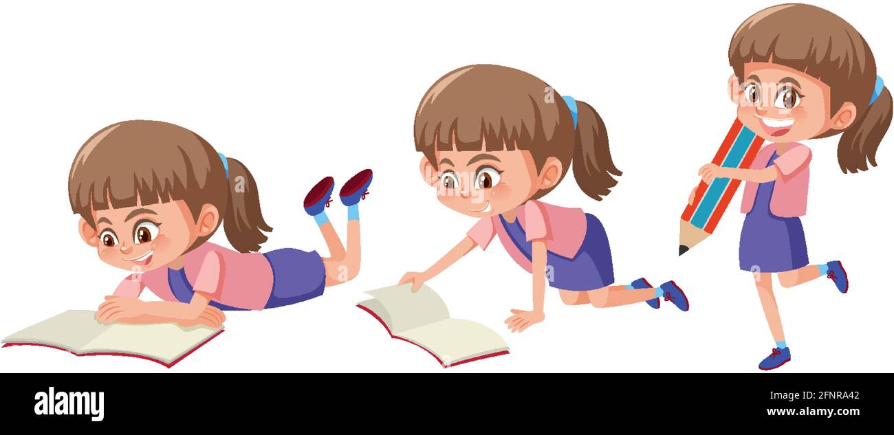 Set Of A Girl Cartoon Character Doing Different Activities Illustration