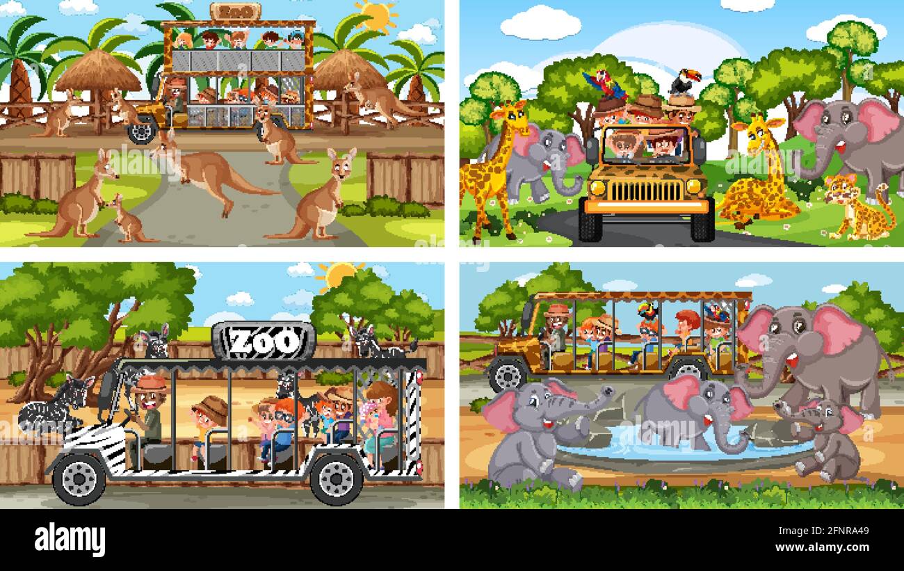Four different zoo scenes with kids and animals illustration Stock ...
