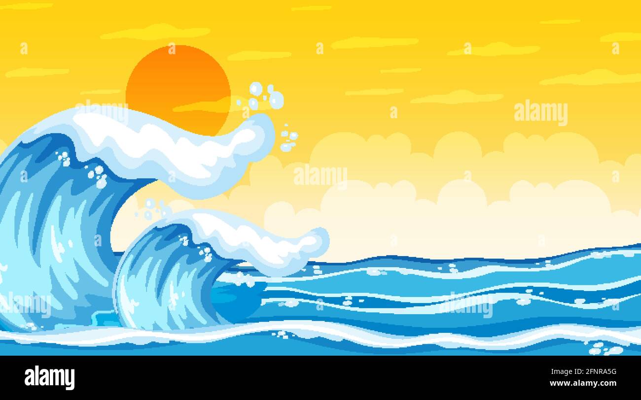 Beach landscape at sunset scene with ocean wave illustration Stock ...