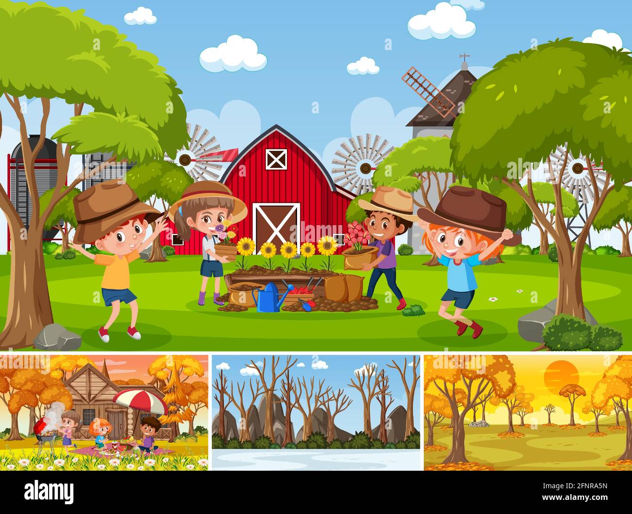 Four different scenes with children cartoon character illustration ...