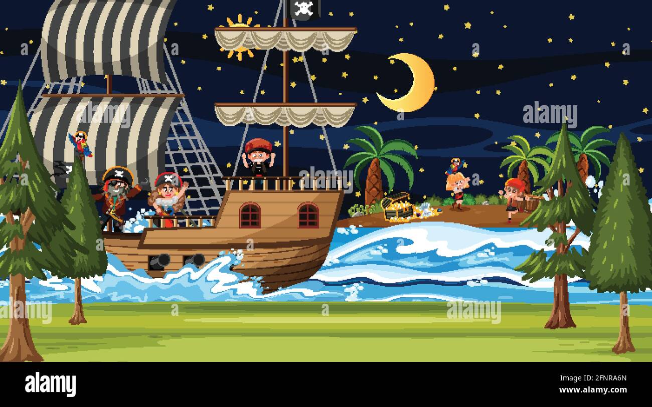 Treasure Island scene at night with Pirate kids on the ship ...