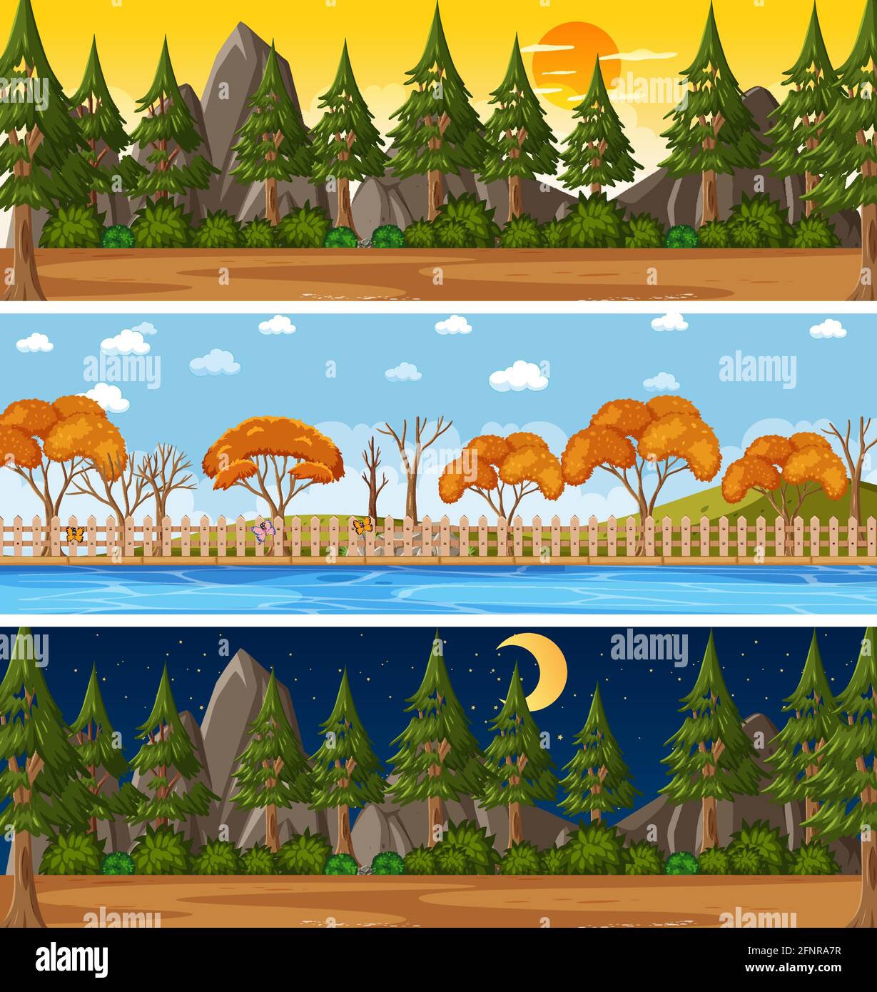 Set of three different nature horizontal scenes illustration Stock ...