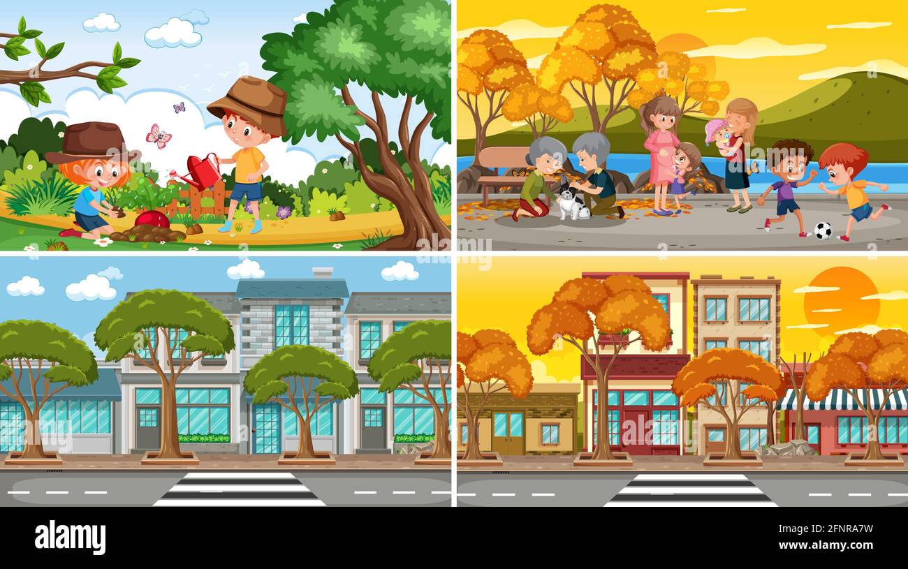 Set of different nature scenes cartoon style illustration Stock Vector ...