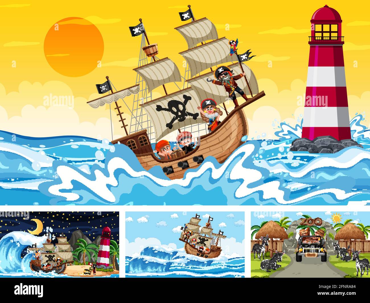 Set of different beach scenes with pirate ship illustration Stock ...