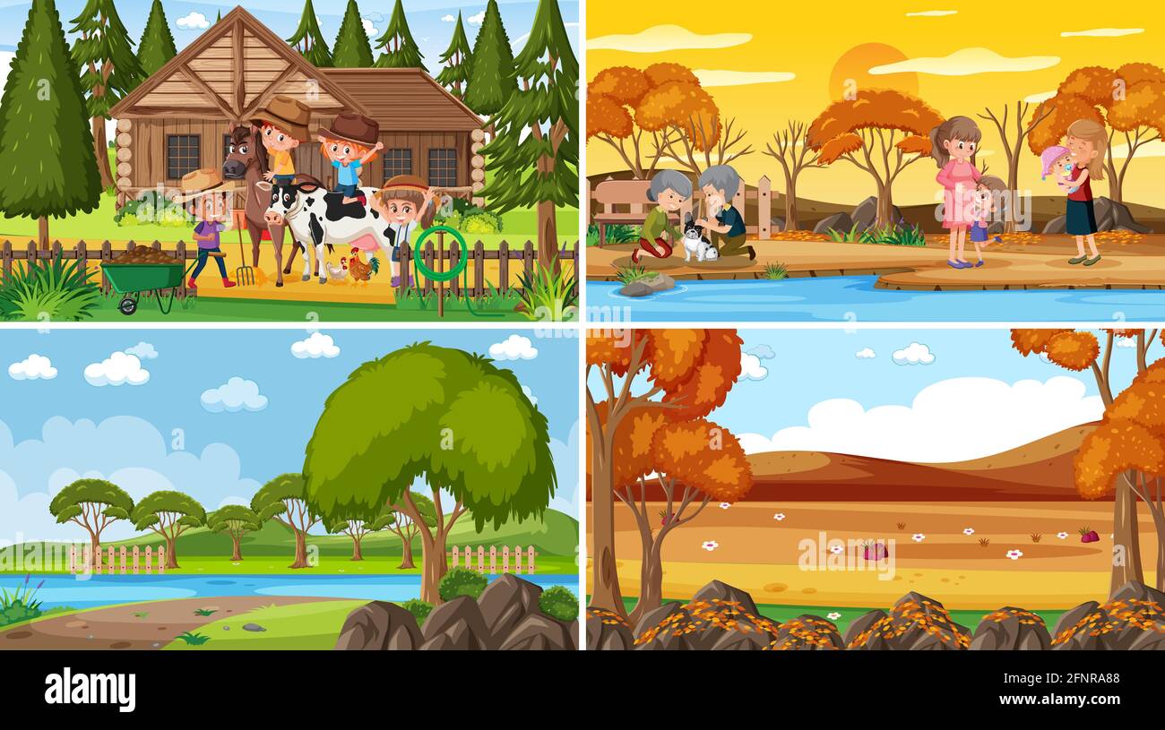 Set of different nature scenes cartoon style illustration Stock Vector ...