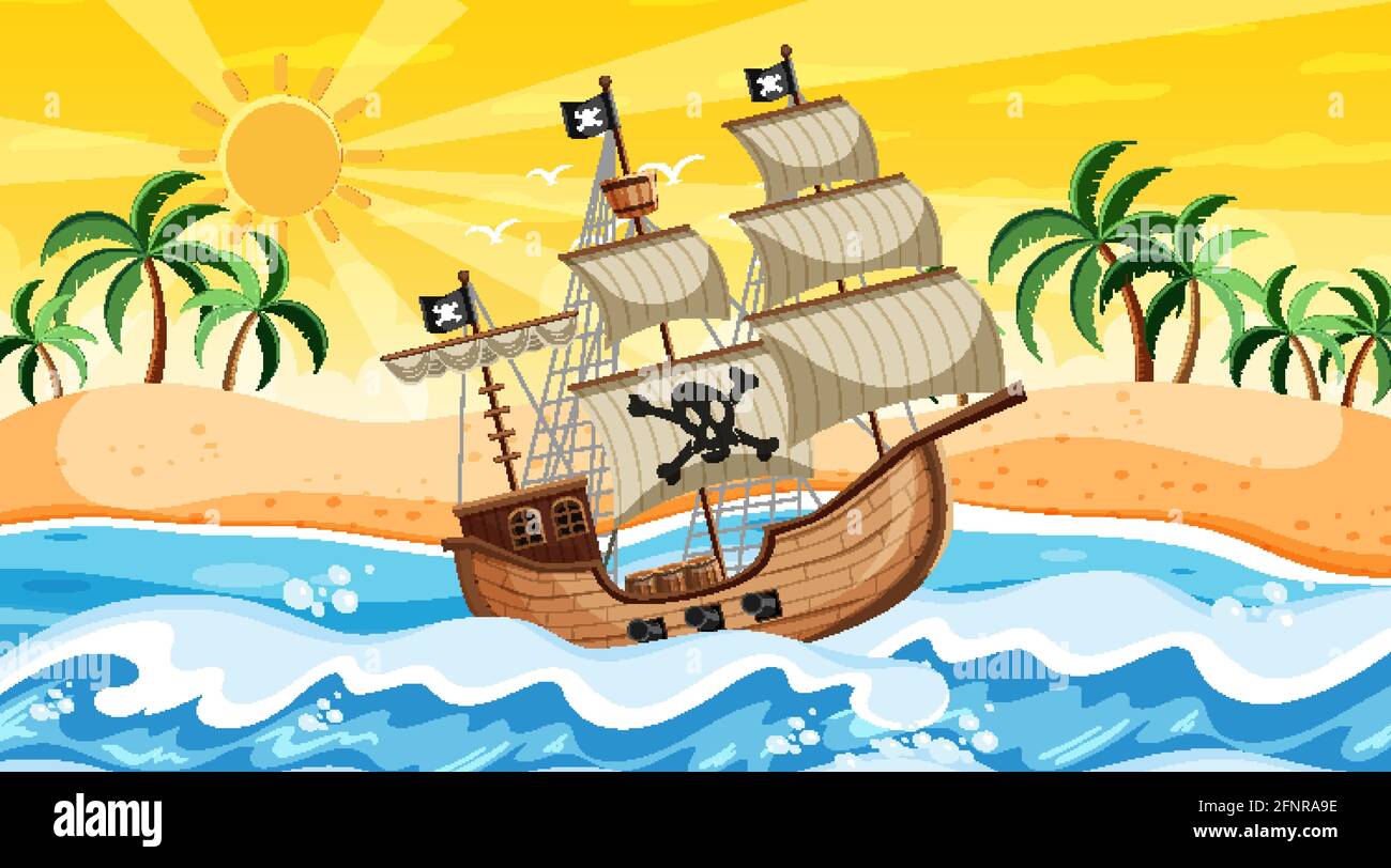 Beach scene at sunset time with Pirate ship in cartoon style ...