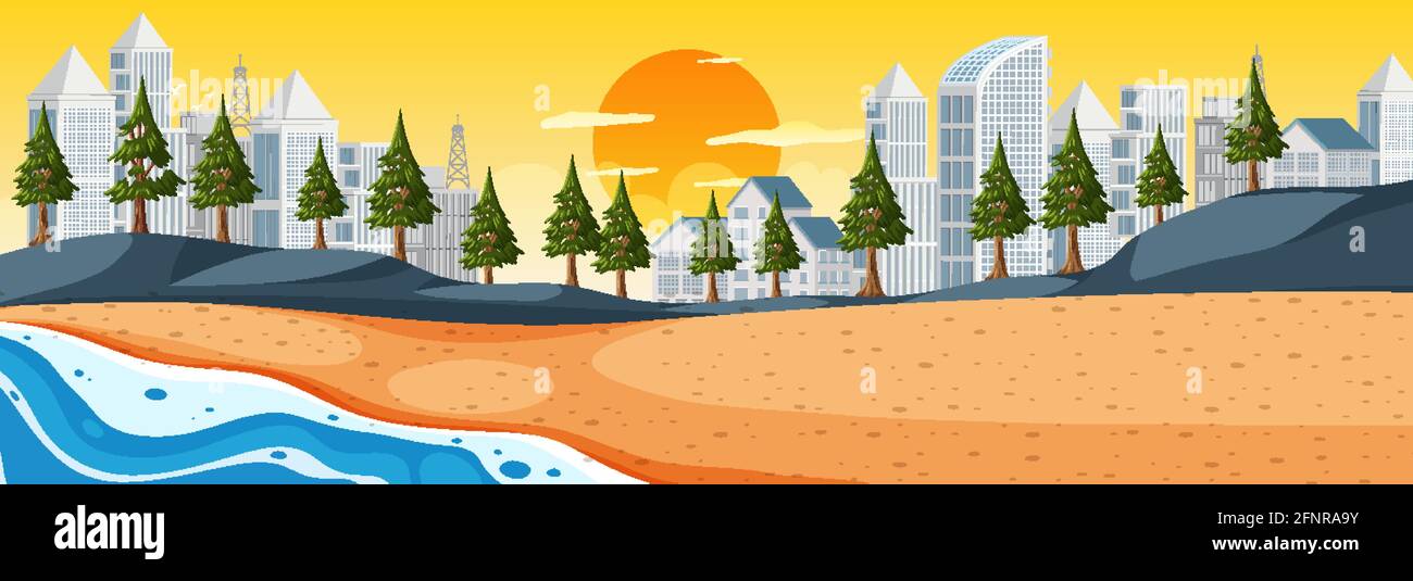 Beach horizontal scene at sunrise time with city background ...