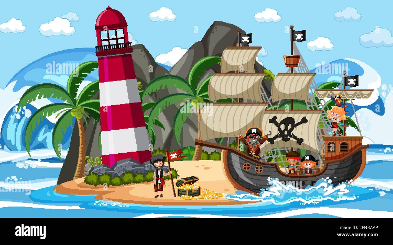 Beach at daytime scene with pirate kids cartoon character on the ship ...