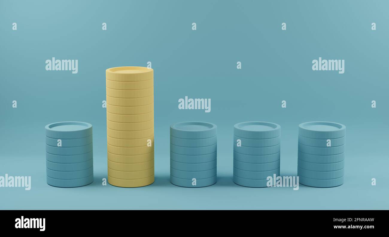 Yellow coin stacks standing out from crowd of identical blue fellows on ...