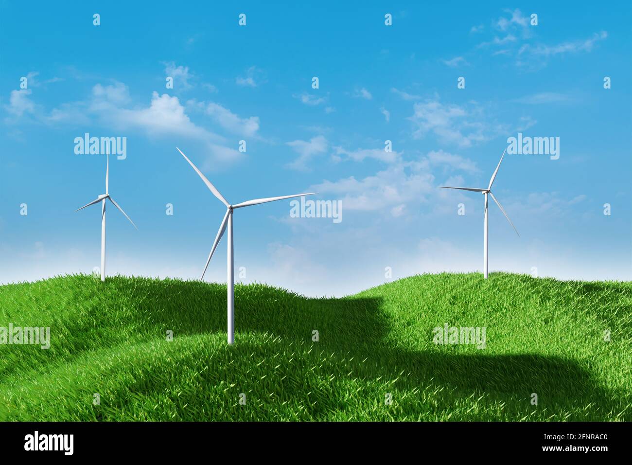 3d rendering. Landscape with wind turbine in green field over blue sky ...