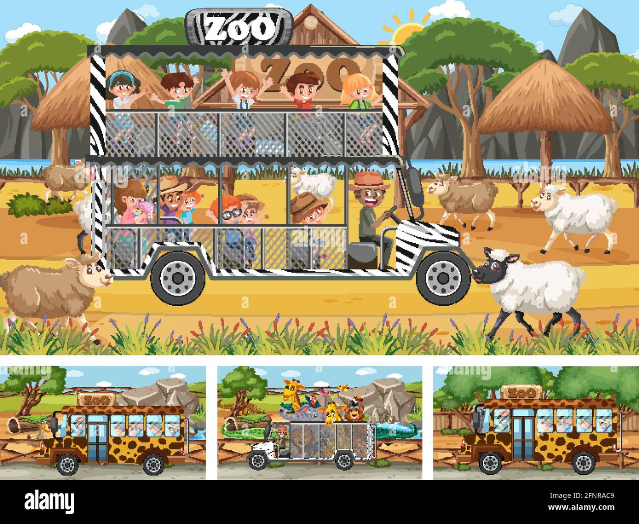 Different safari scenes with animals and kids cartoon character ...