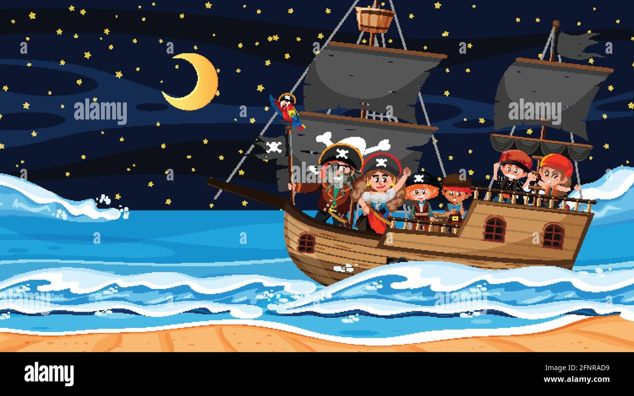 Beach scene at night with Pirate kids on the ship illustration Stock ...