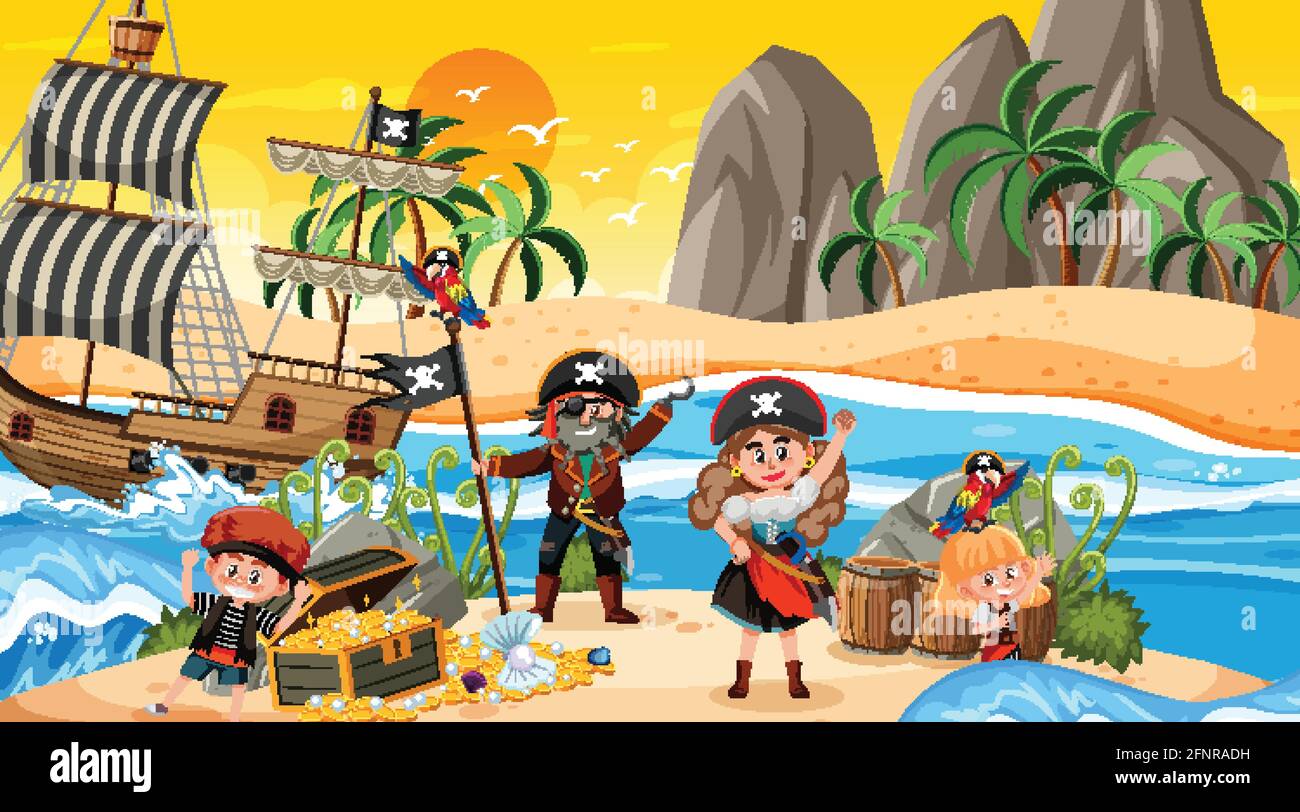 Treasure Island scene at sunset time with Pirate kids illustration ...