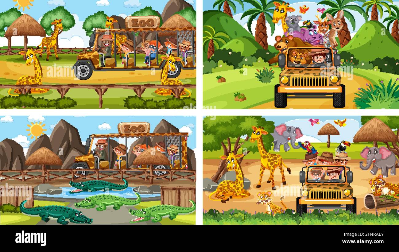 Four different zoo scenes with kids and animals illustration Stock ...