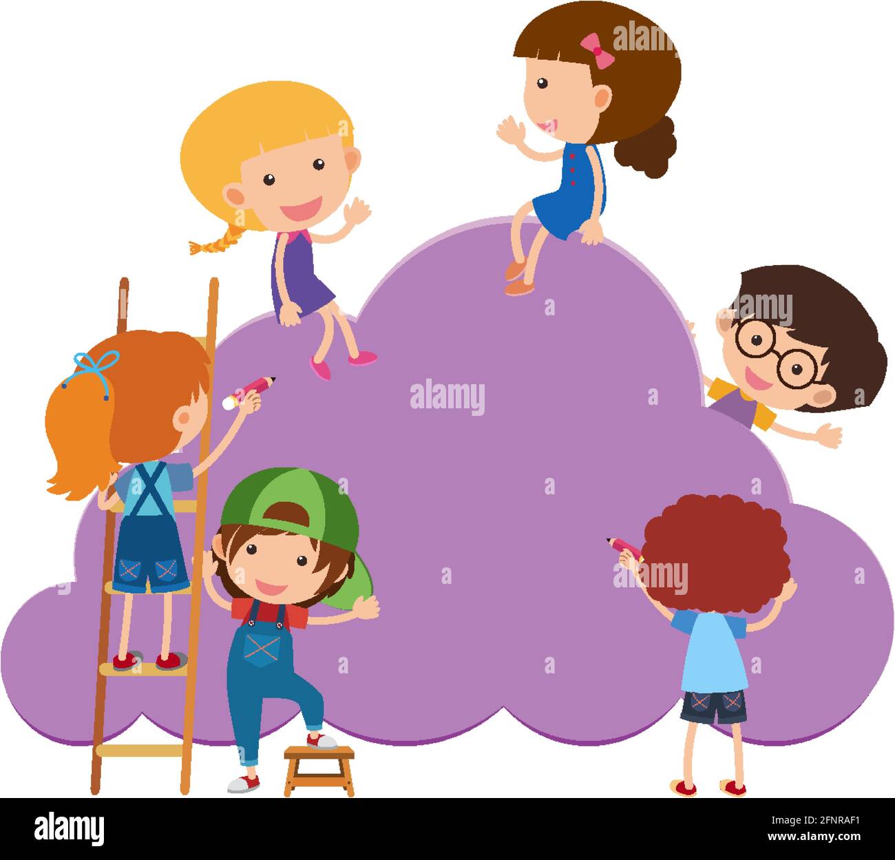 Empty banner cloud shape with many kids cartoon character illustration ...