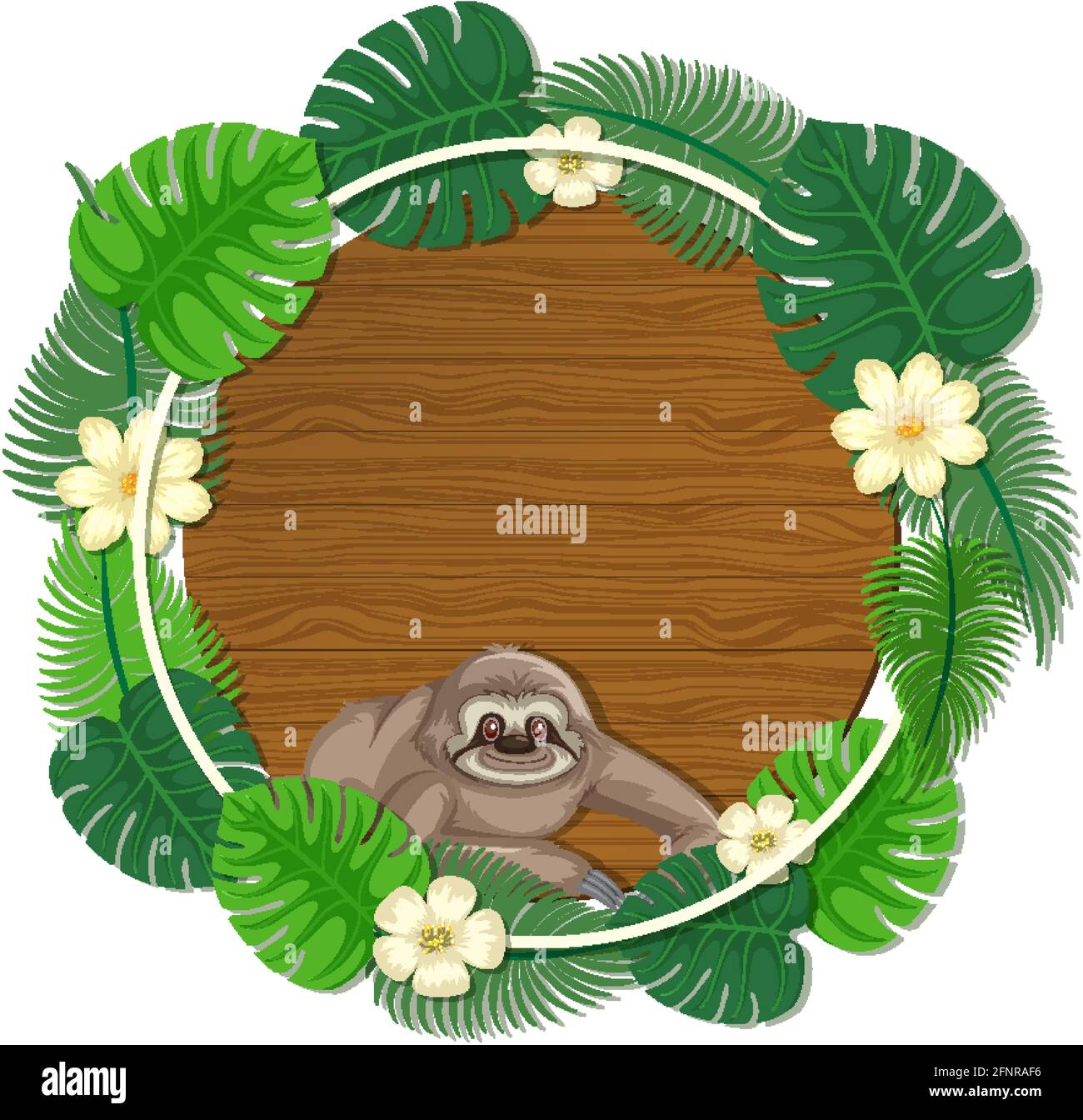 Round green monstera leaves banner template with a sloth cartoon ...