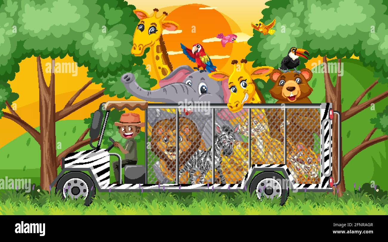 Safari scene with wild animals in the cage car illustration Stock ...