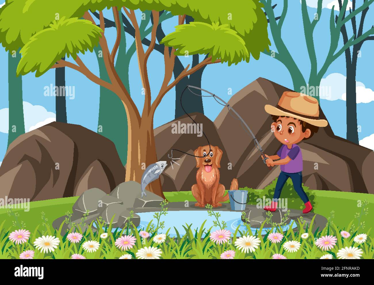 Boy fishing at the forest illustration Stock Vector Image & Art - Alamy