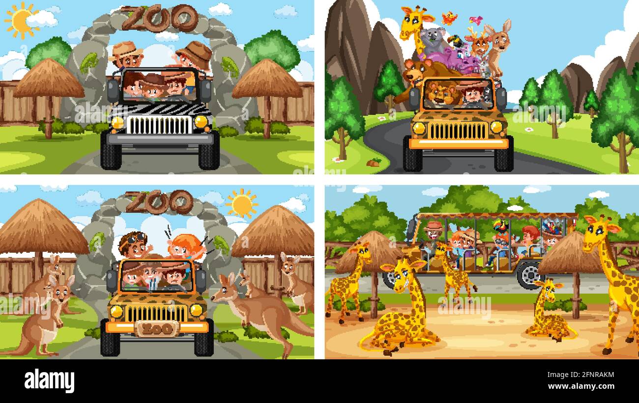Four different zoo scenes with kids and animals illustration Stock ...