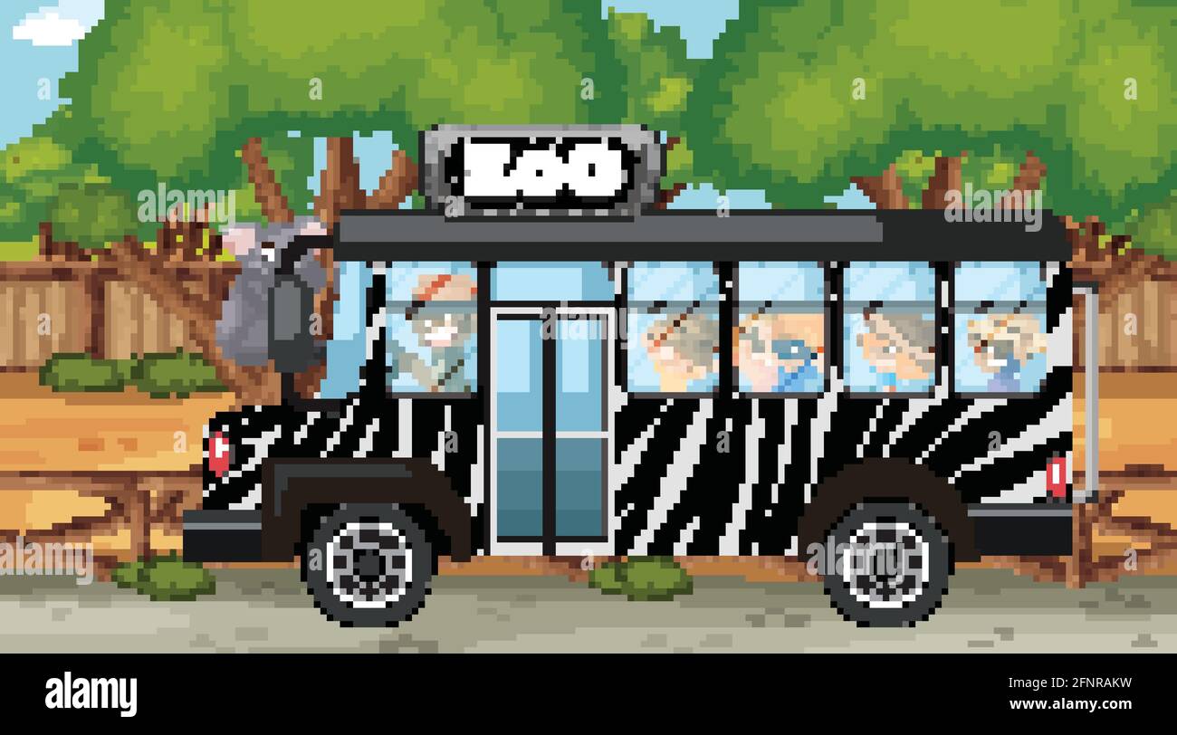 Zoo scene with children in the bus touring illustration Stock Vector ...