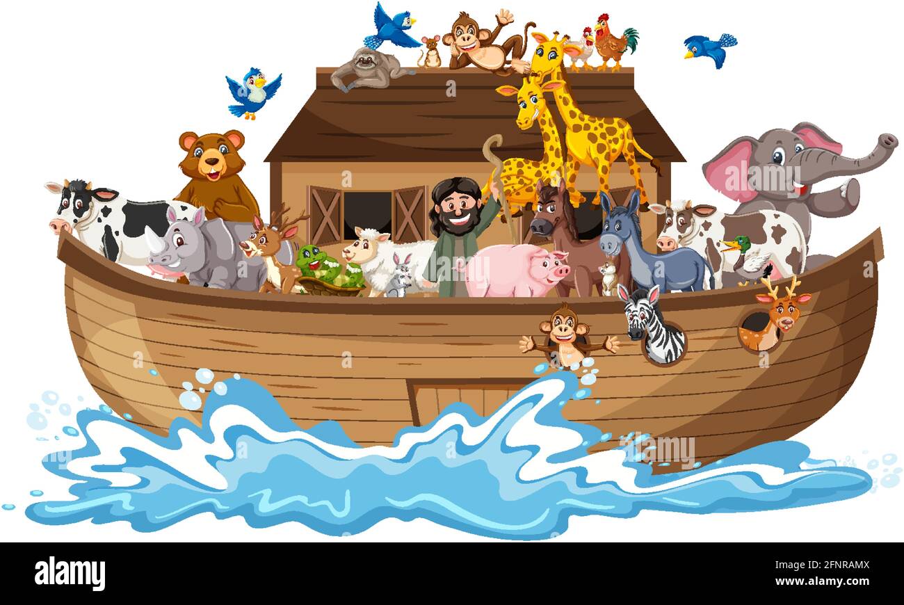 Animals on Noah's ark with sea wave isolated on white background illustration Stock Vector Image ...