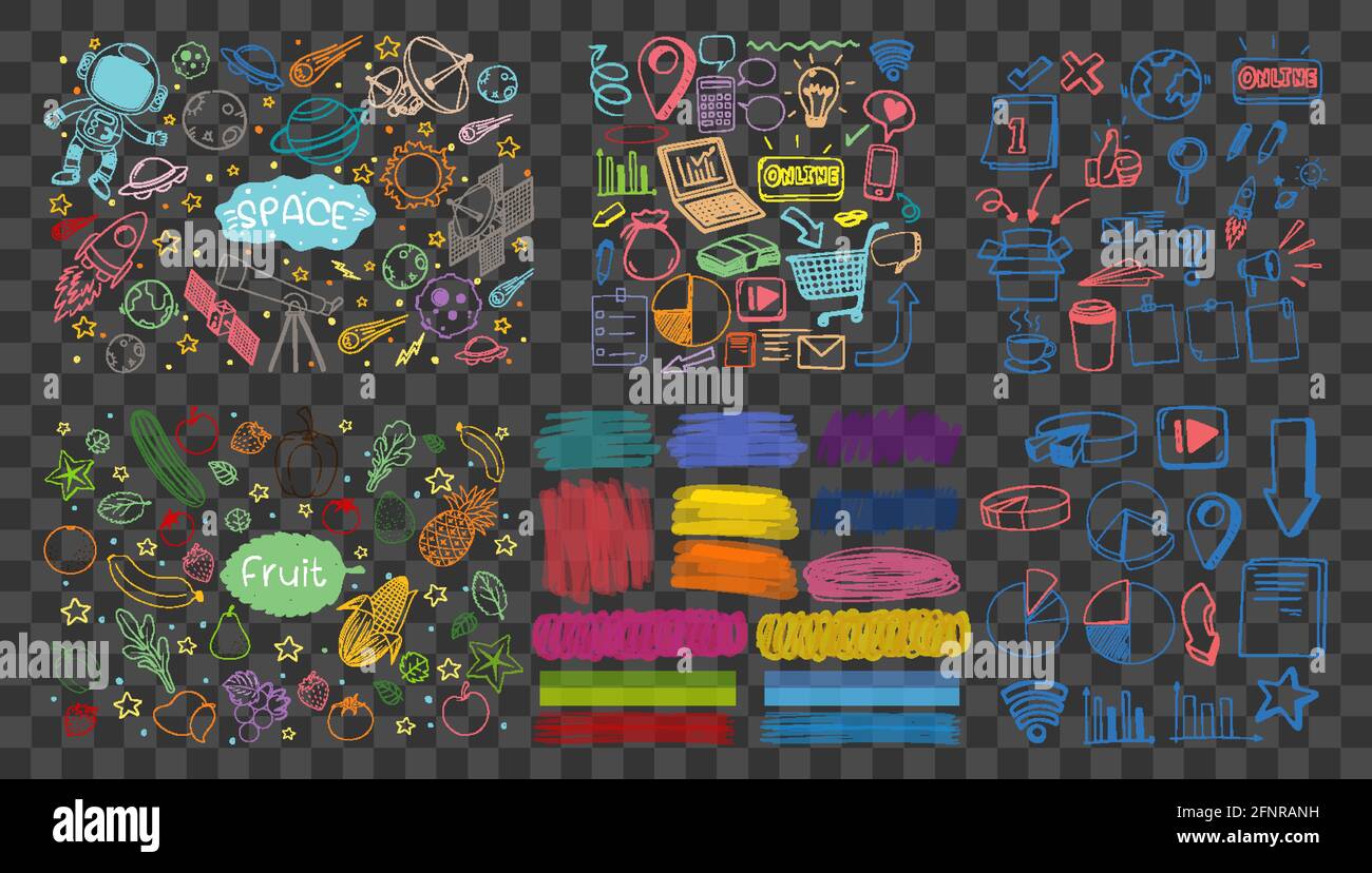 Set of colorful object and symbol hand drawn doodle on transparent ...