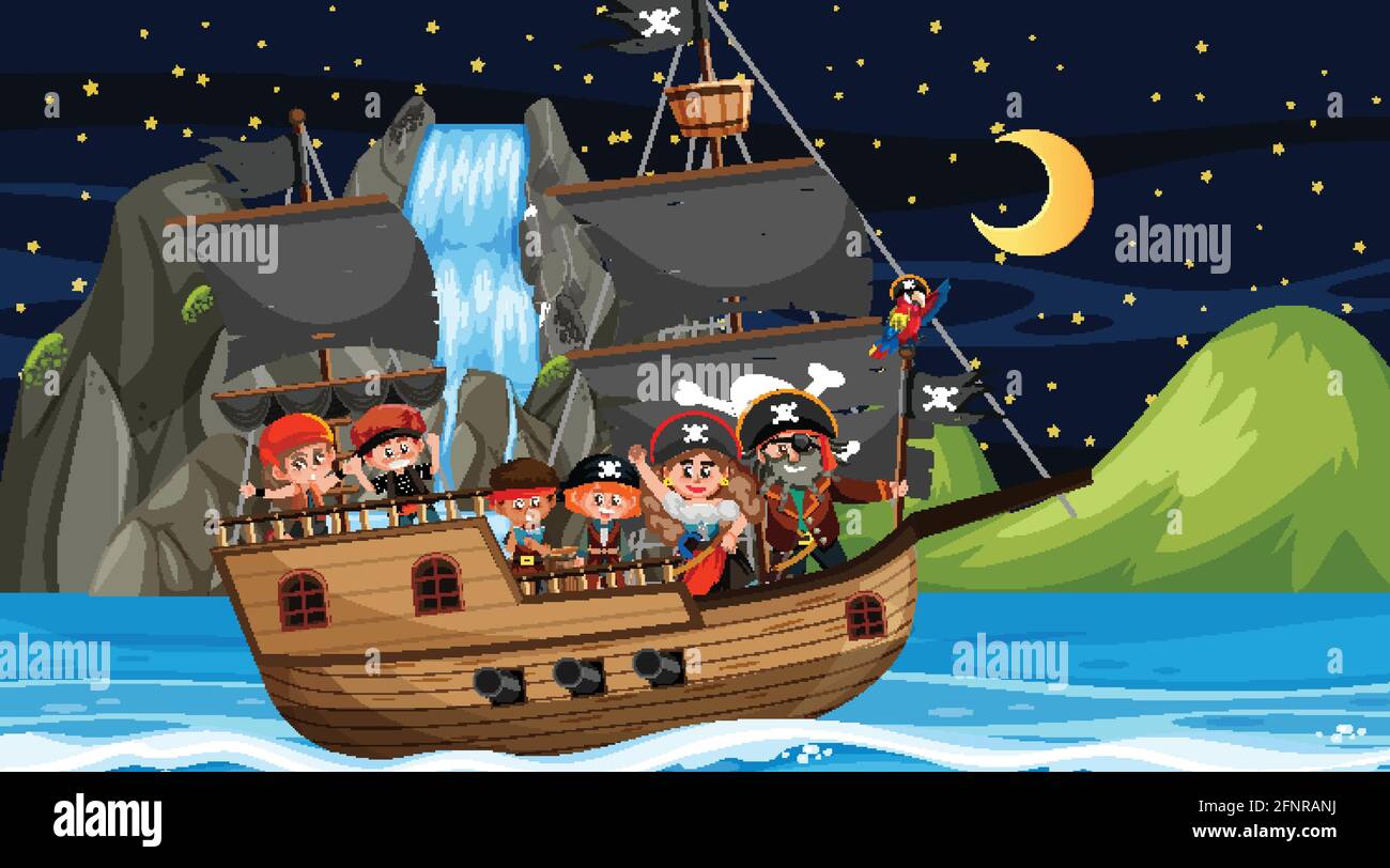 Treasure Island scene at night with Pirate kids on the ship ...